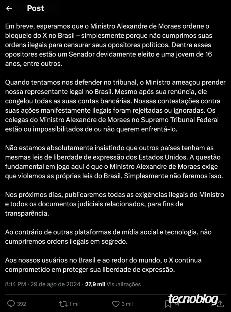 X/Twitter fora do ar: Justiça ordena que operadoras, Apple e Google ...
